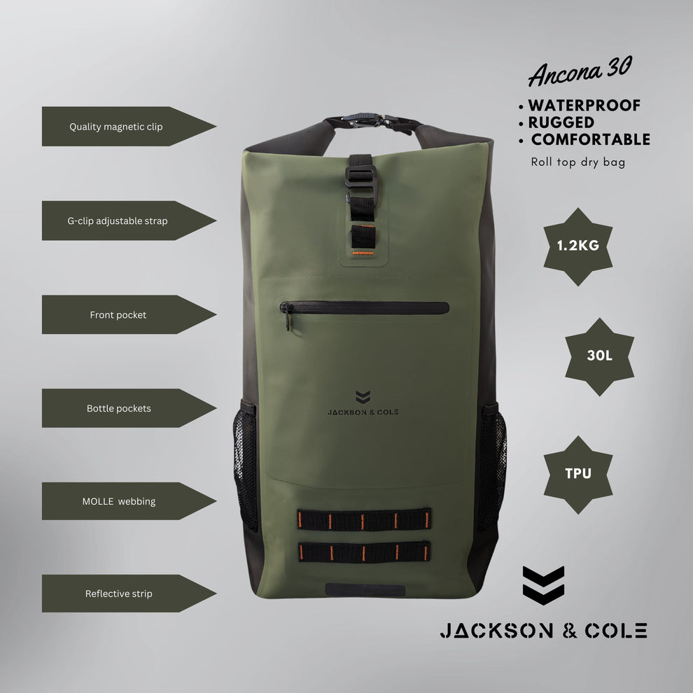 Jackson & Cole - 30L Waterproof Backpack Rolltop Dry Bag - Ancona 30